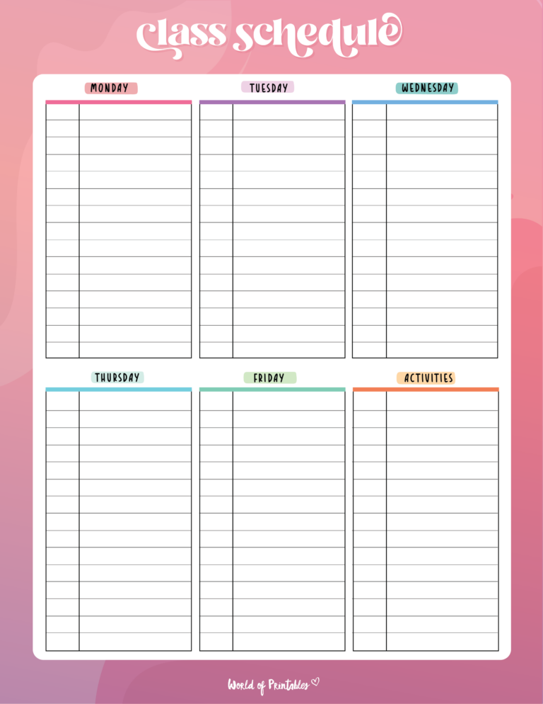 Class Schedule Templates - World of Printables