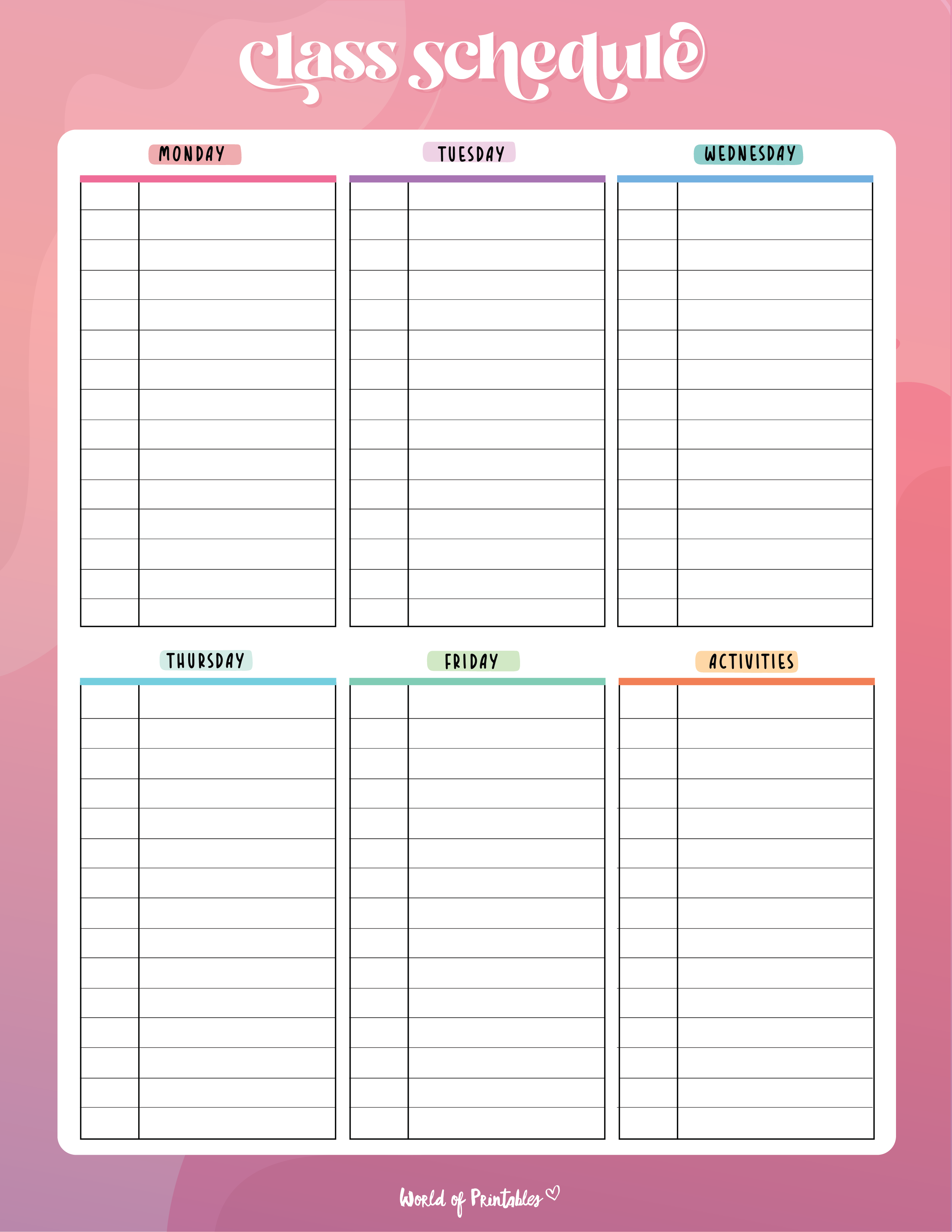 Class Schedule Templates World Of Printables