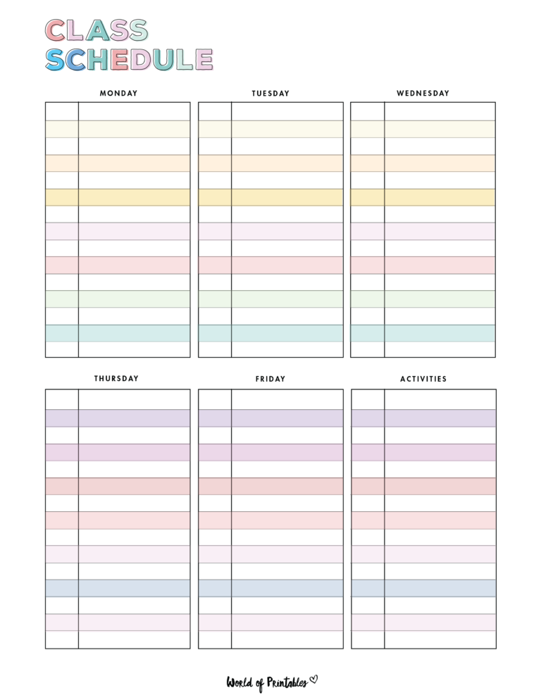 Class Schedule Templates - World of Printables