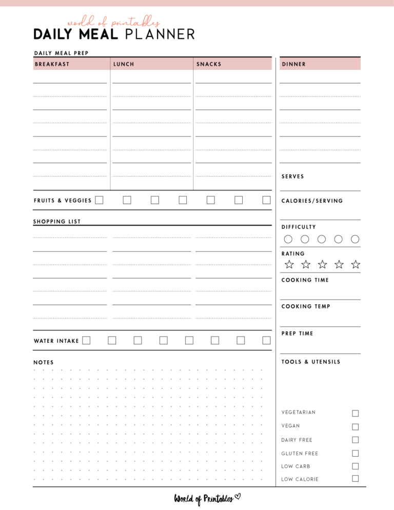 Daily Meal Planner Templates - World of Printables