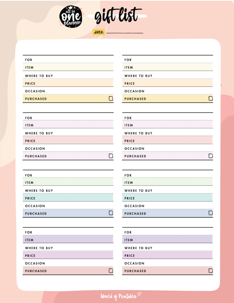 Gift List Templates - World of Printables