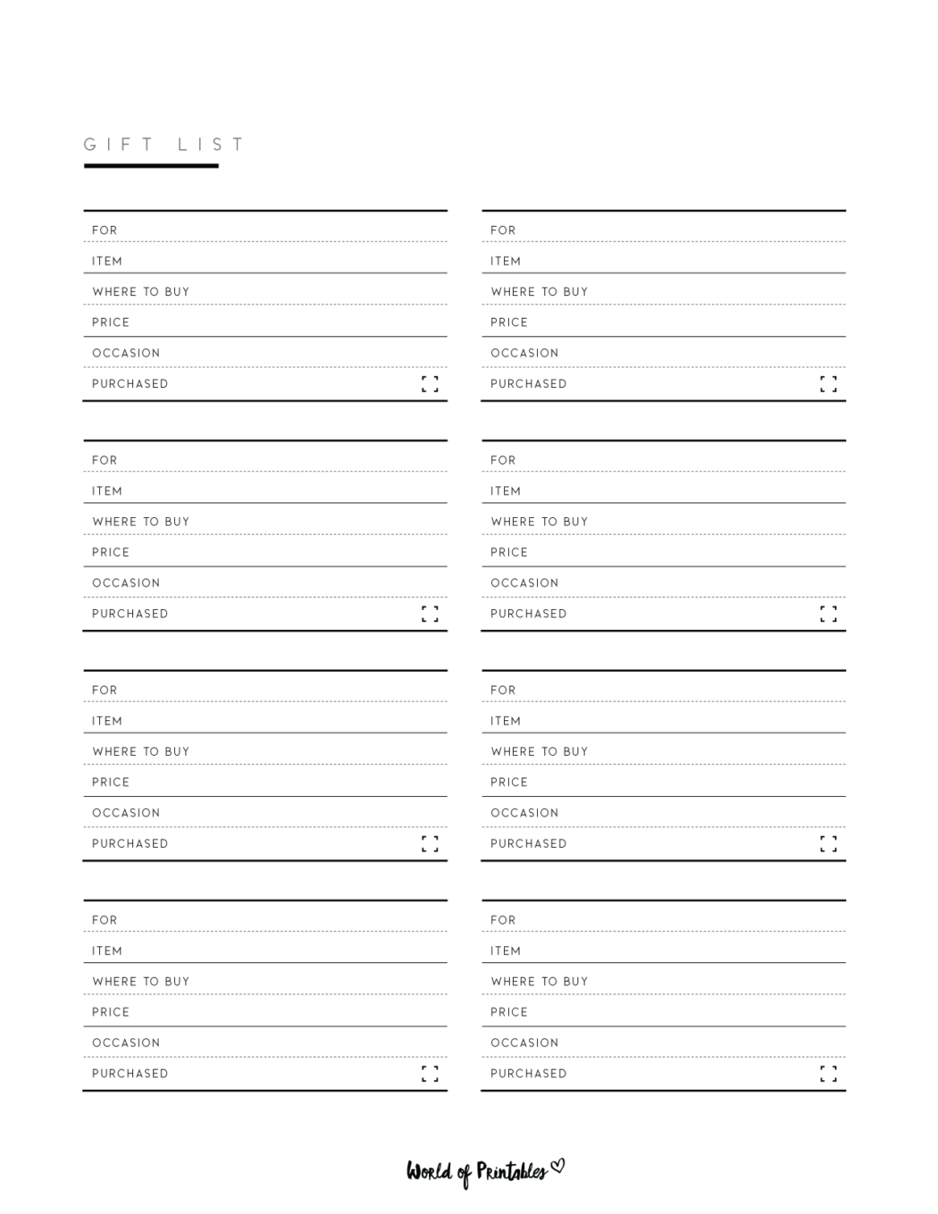 Gift List Templates - World of Printables