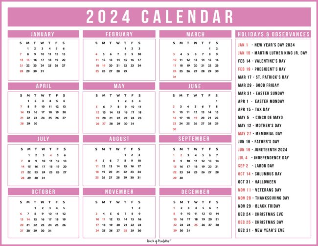 2024 Calendar With Holidays - World of Printables