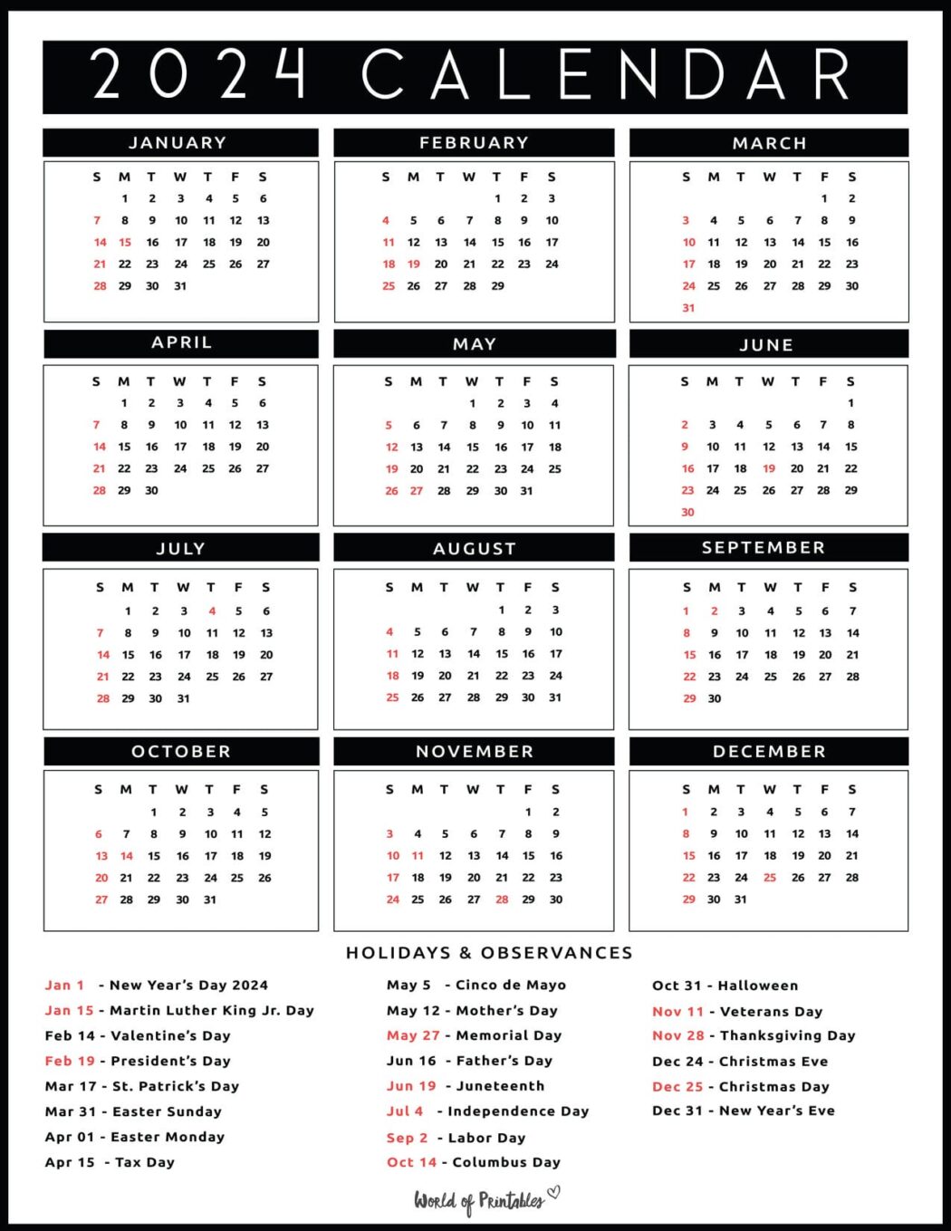 2024 Calendar With Holidays - World of Printables