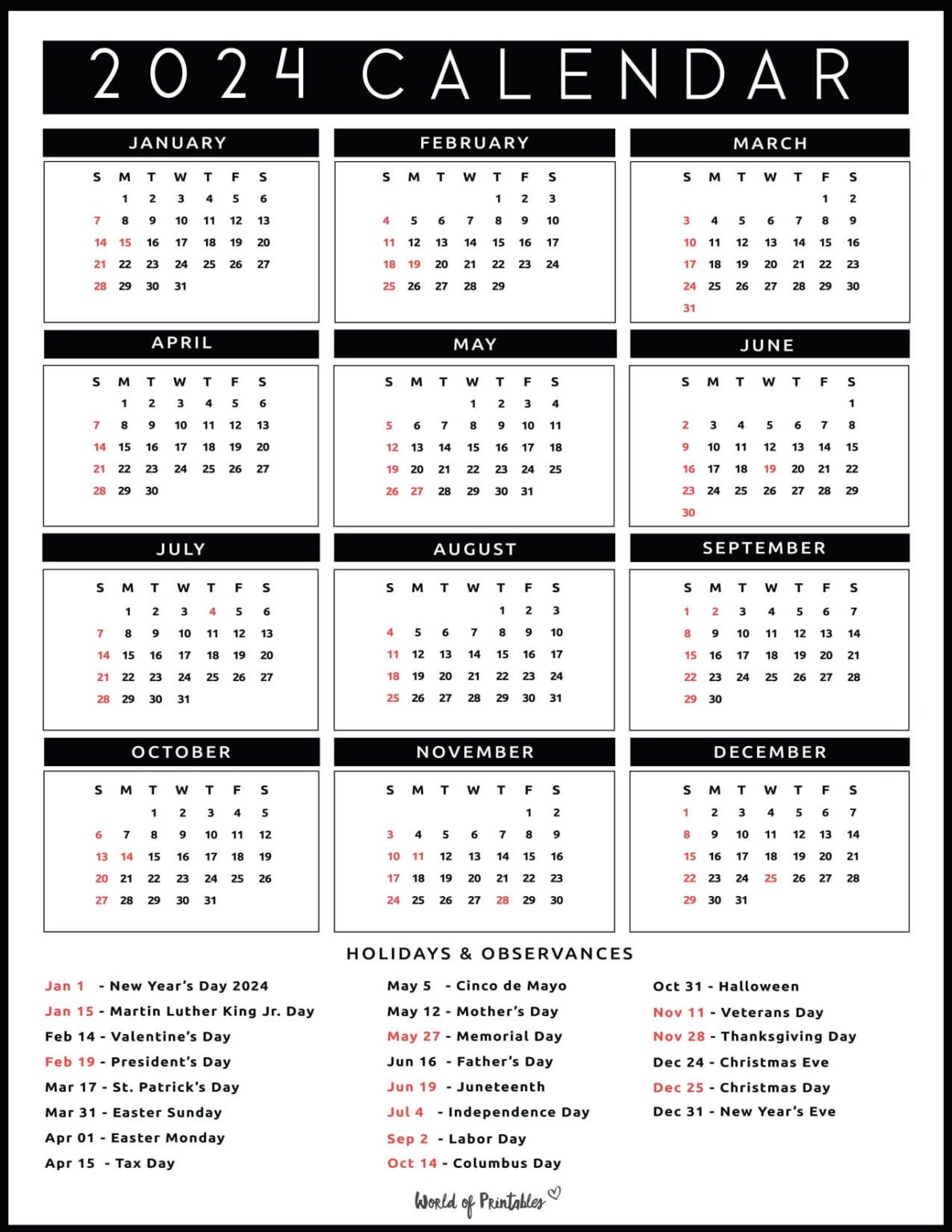 2024 Calendar With Holidays - World of Printables