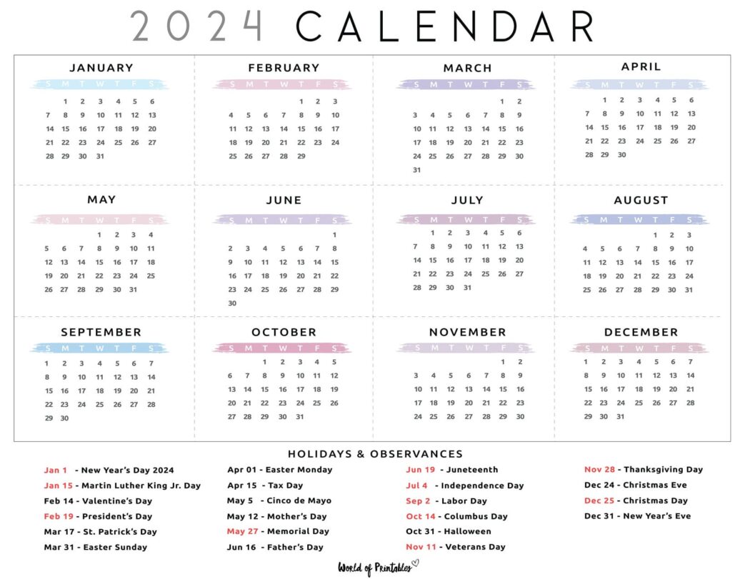 2024 Calendar With Holidays - World of Printables
