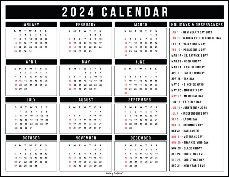 2024 Calendar With Holidays - World of Printables