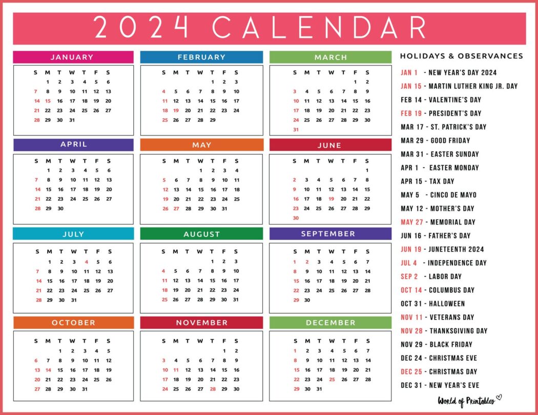 2024 Calendar With Holidays - World of Printables