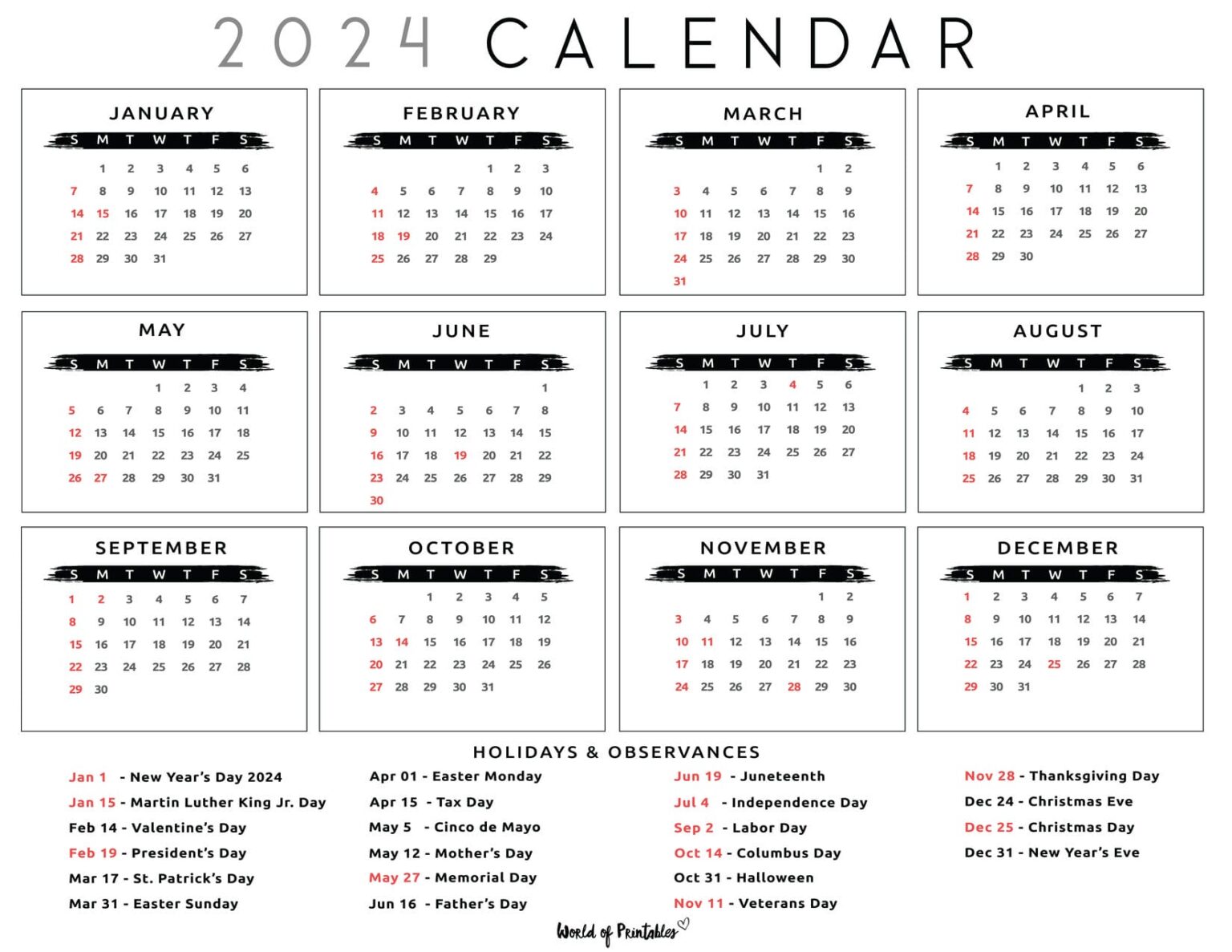 2024 Calendar With Holidays - World of Printables