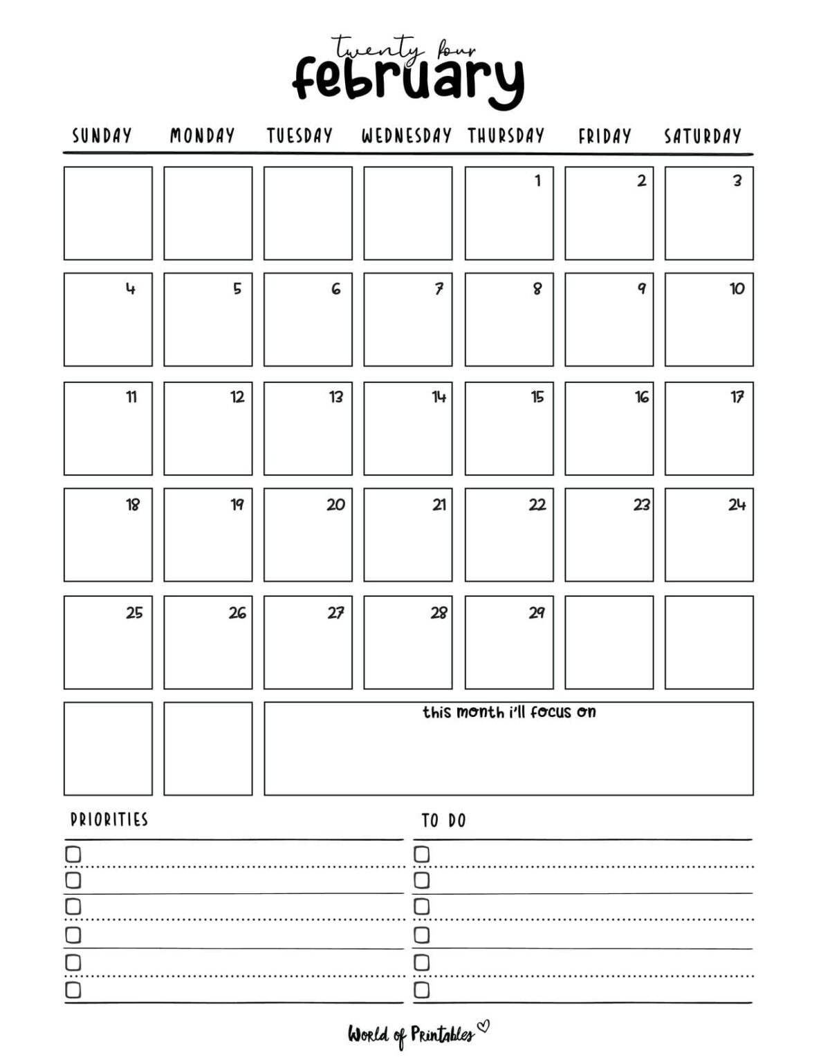 Free Printable February 2024 Calendars - World of Printables