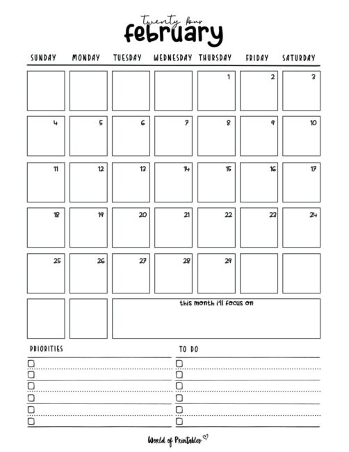 Free Printable February 2024 Calendars - World of Printables