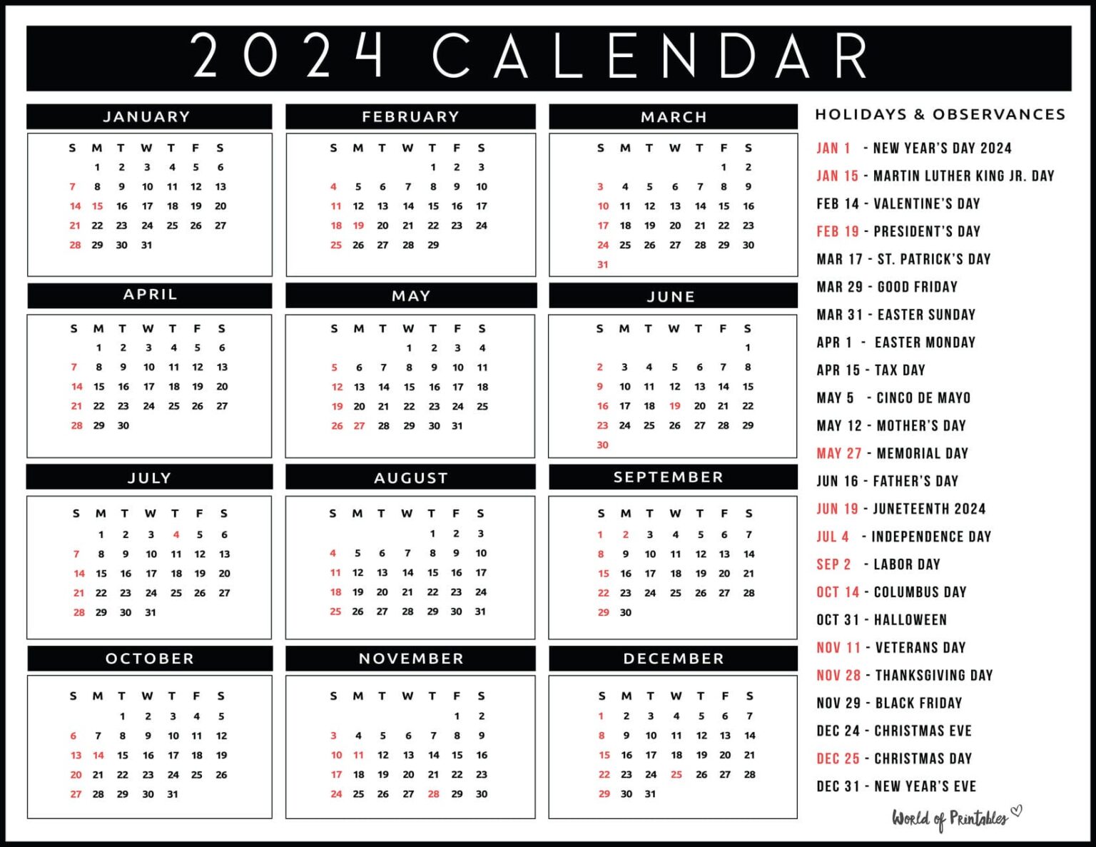 2024 Calendar With Holidays - World of Printables