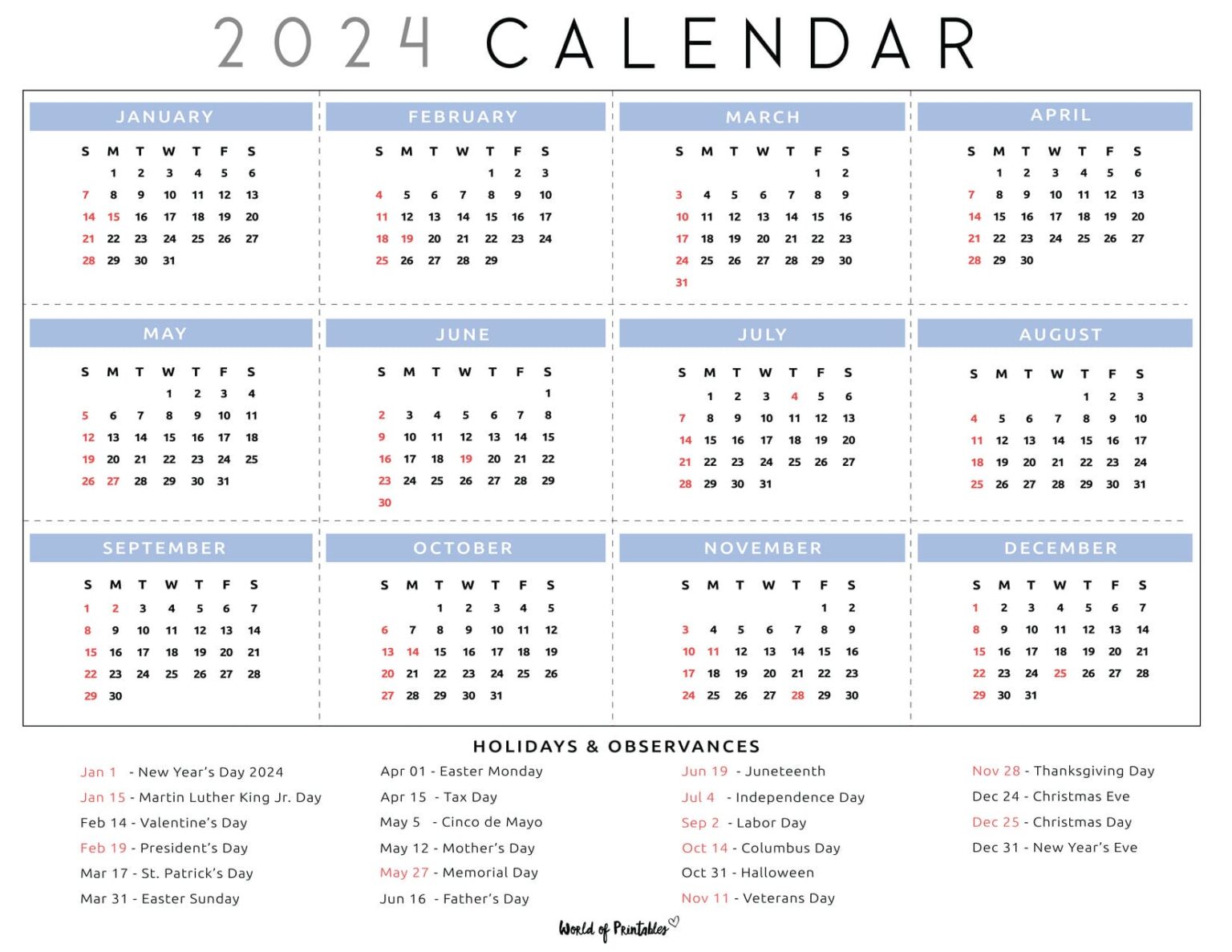 2024 Calendar With Holidays - World of Printables