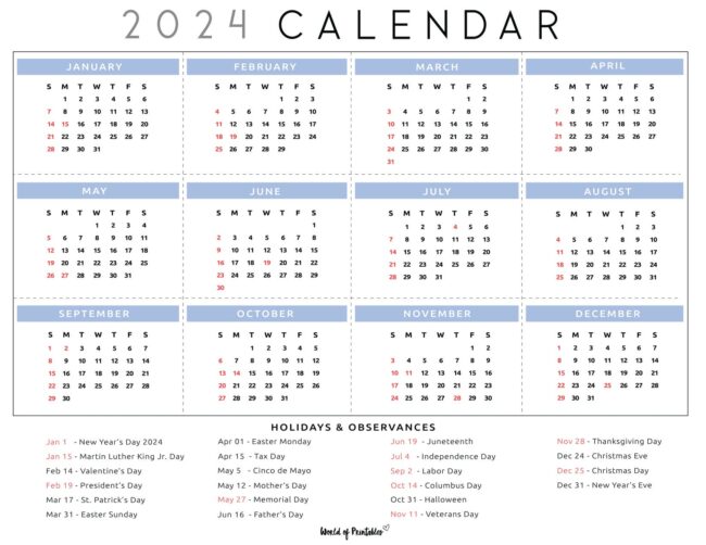 2024 Calendar With Holidays - World of Printables