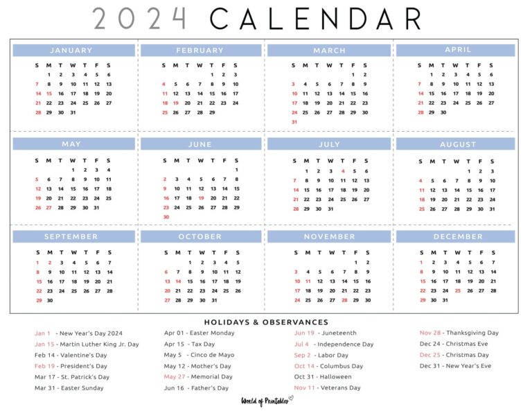 2024 Calendar With Holidays - World of Printables