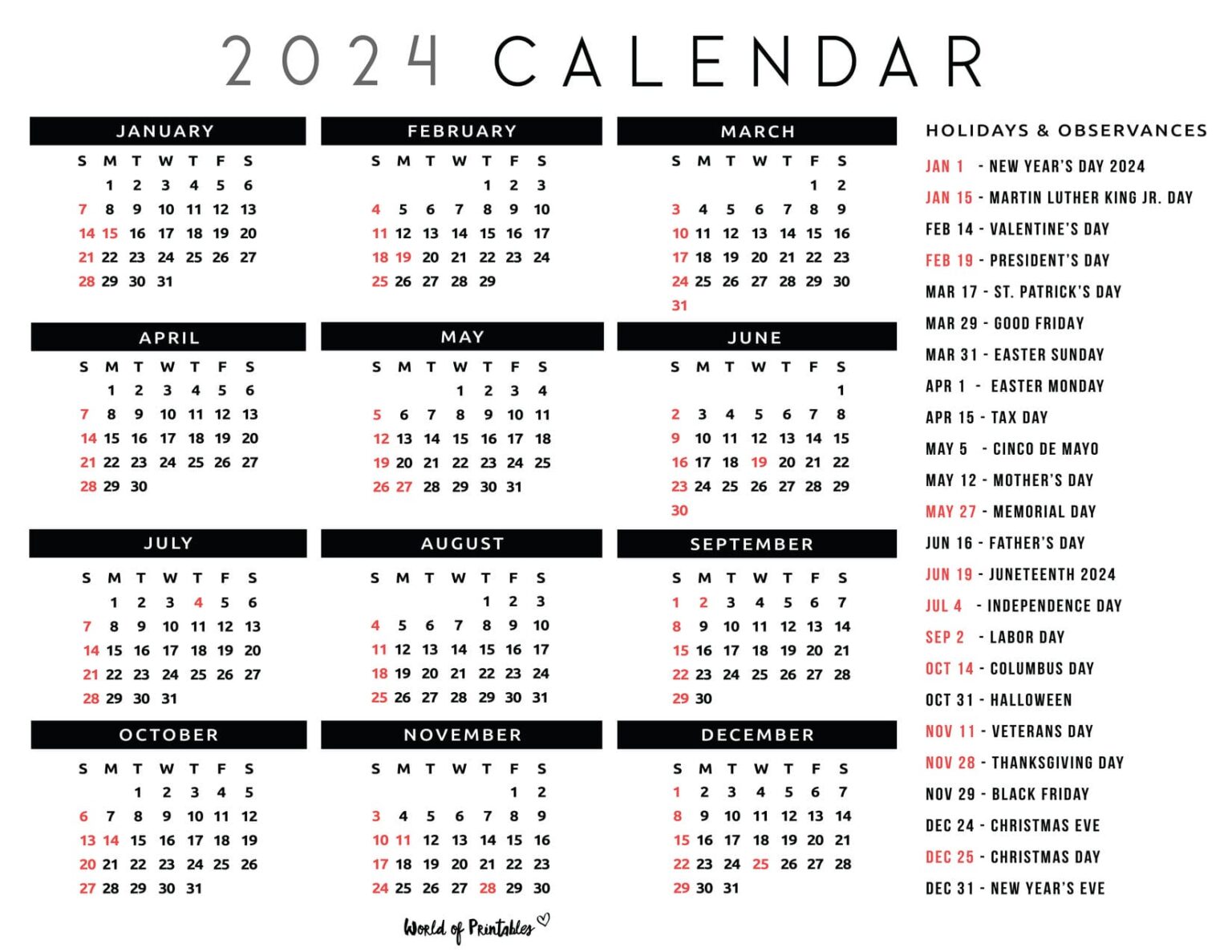2024 Calendar With Holidays - World of Printables