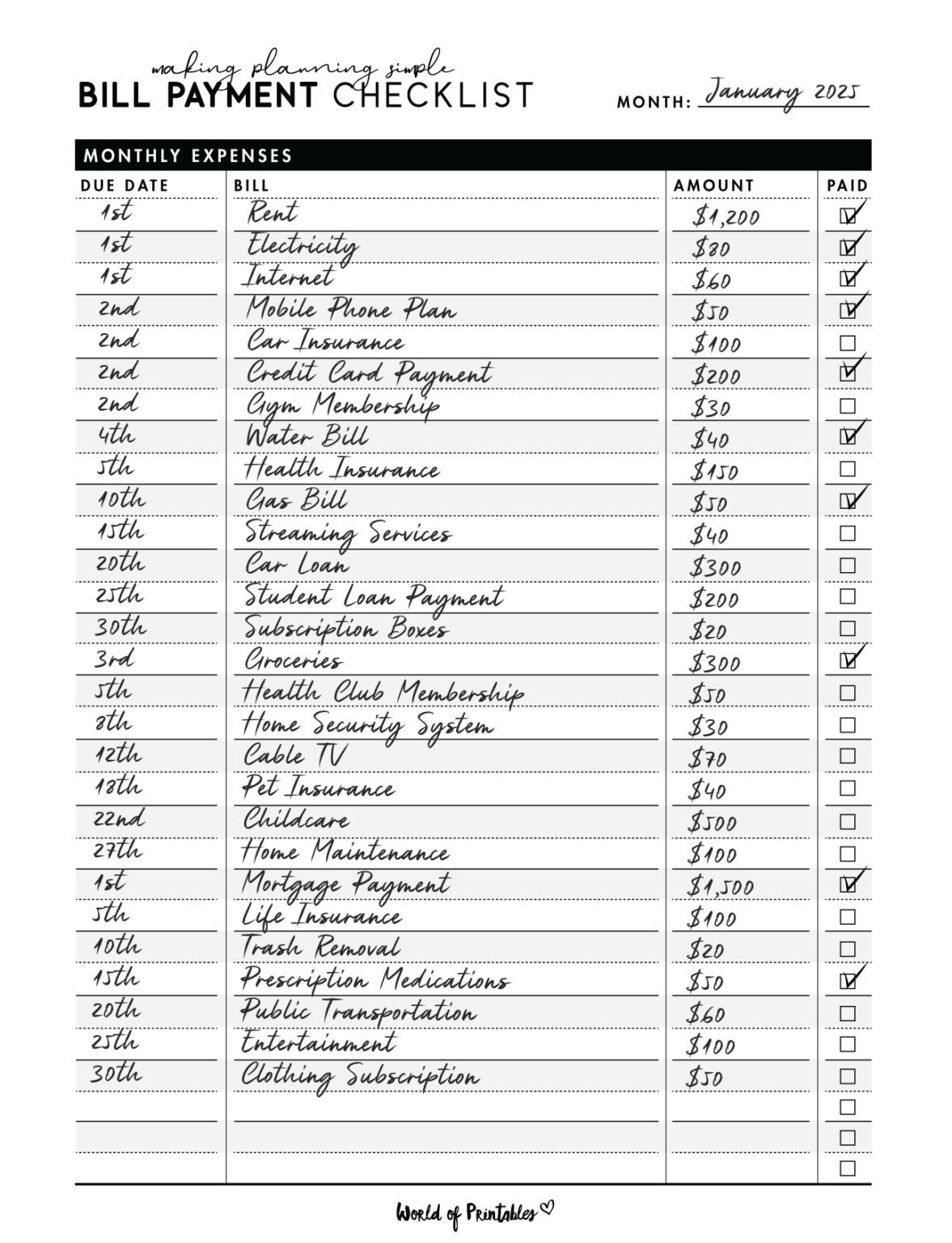Free Bill Payment Checklist PDF - World of Printables