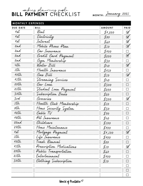 Free Bill Payment Checklist PDF - World of Printables