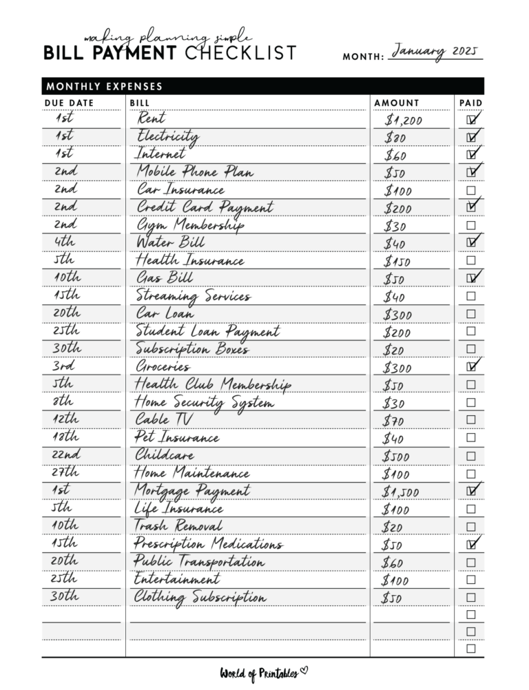 Free Bill Payment Checklist PDF - World of Printables