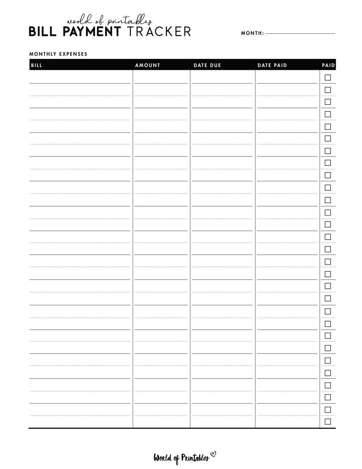FREE Printable Bill Tracker PDF - World of Printables