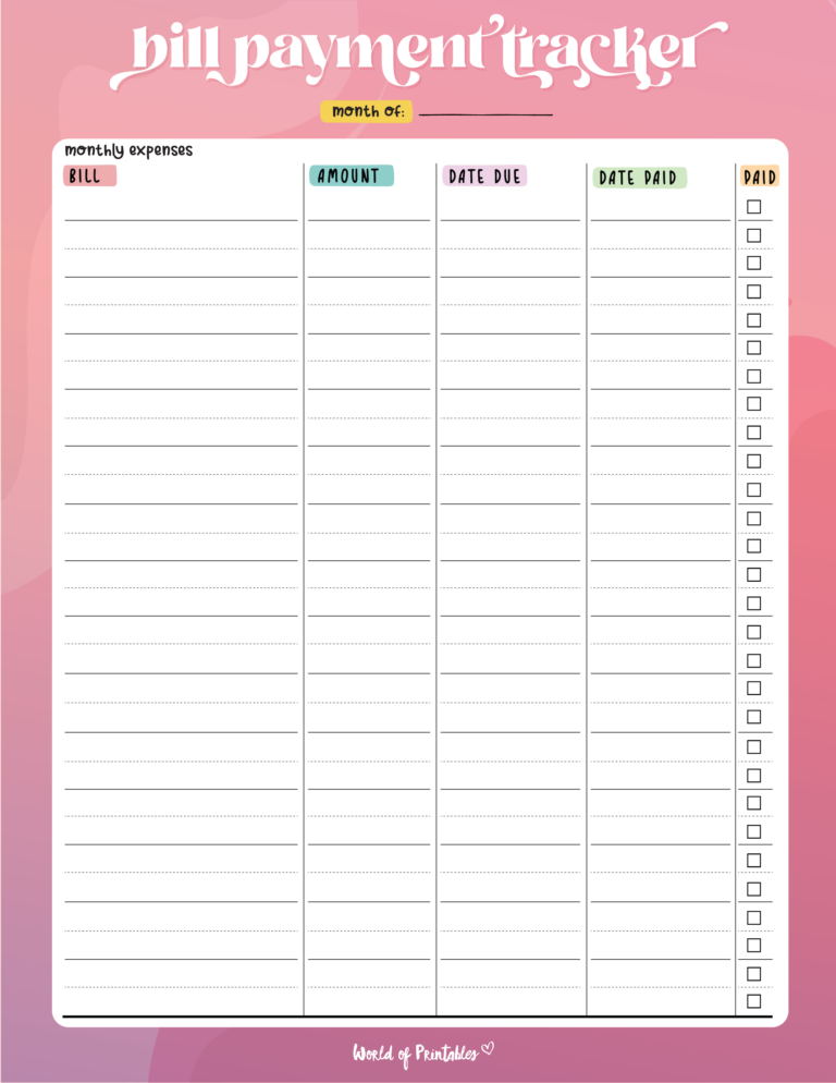 FREE Printable Bill Tracker PDF - World of Printables