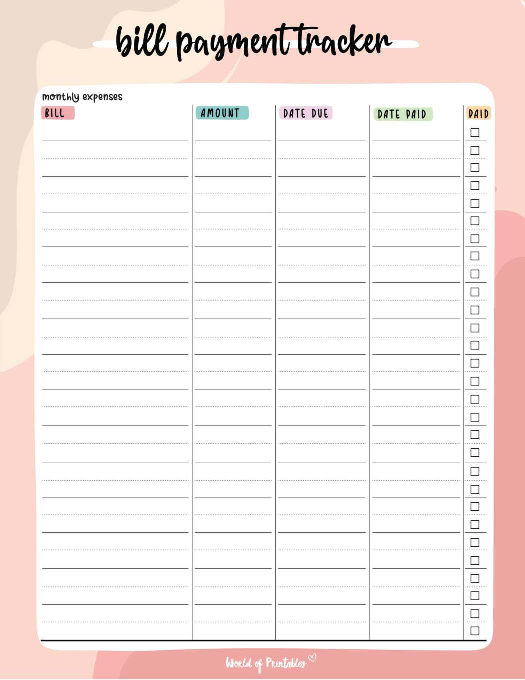 FREE Printable Bill Tracker PDF - World of Printables