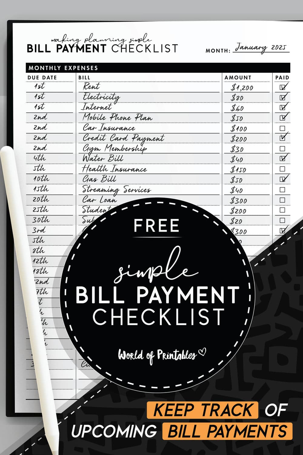 Free Bill Payment Checklist PDF - World of Printables