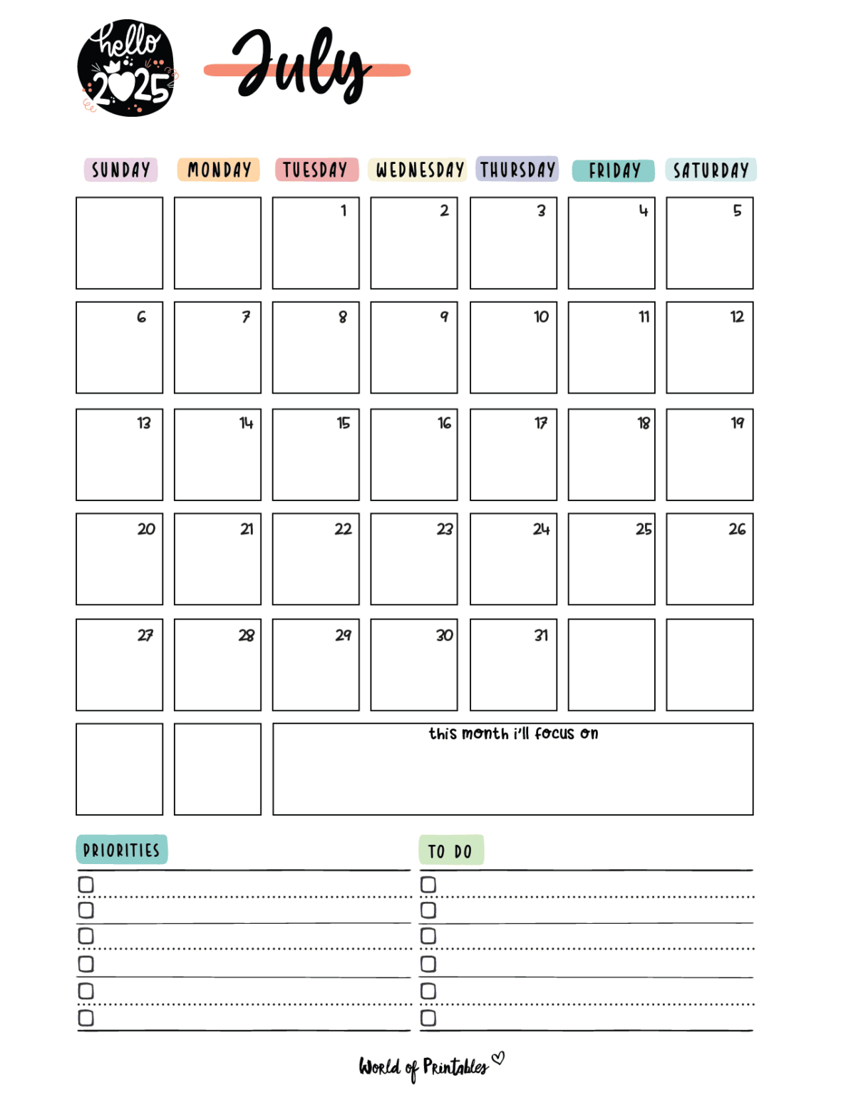 Free Printable July 2025 Calendars | 100+ Best - World of Printables