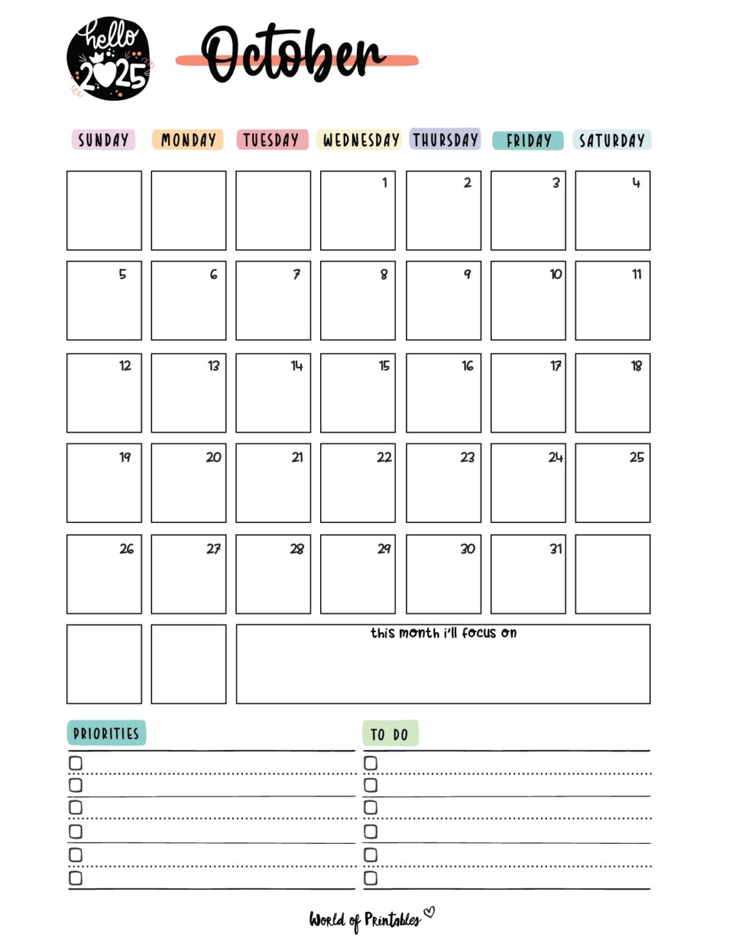 October 2025 Calendars | 130+ Styles - World of Printables