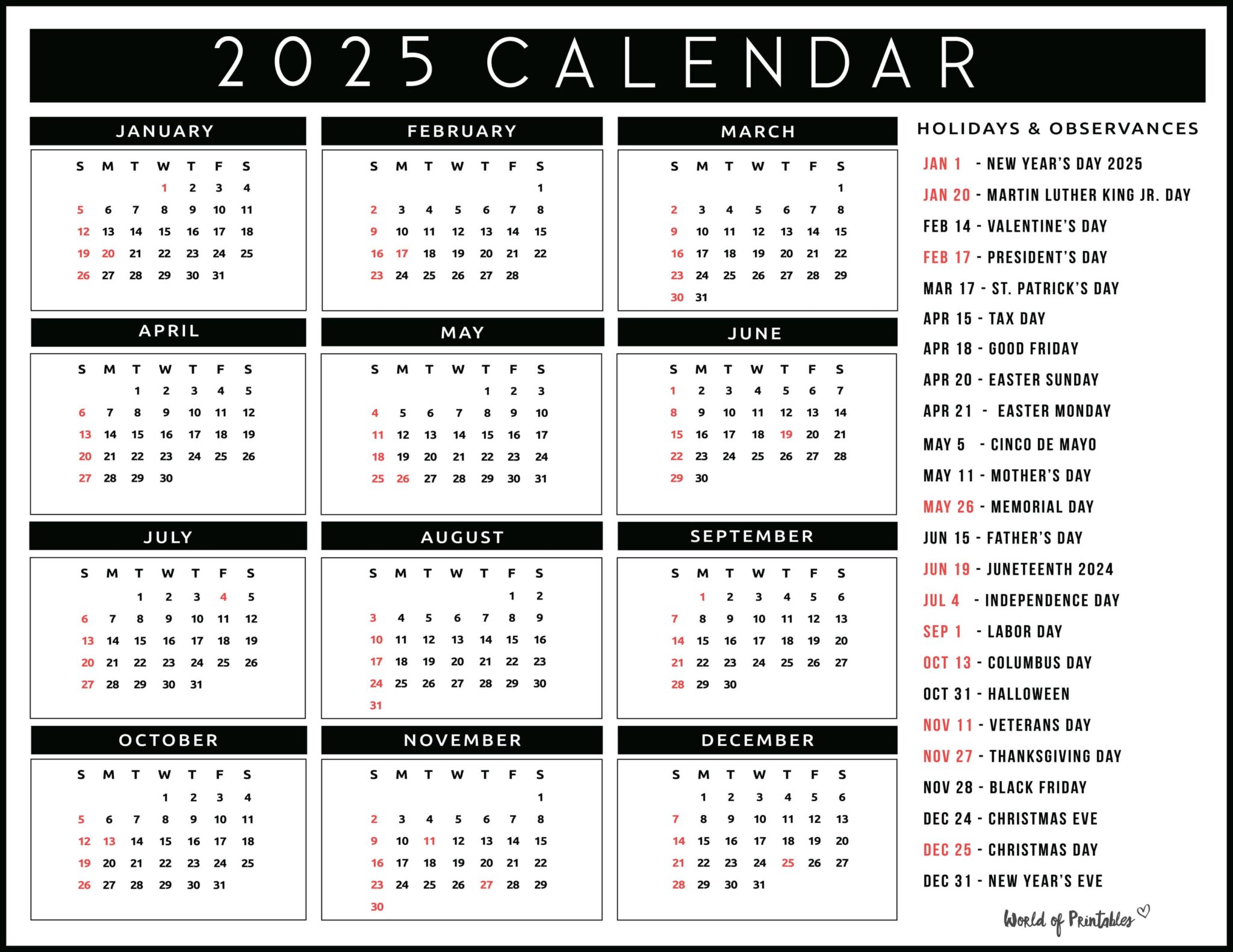 2025 Calendar With Holidays - Free Printables in 28 Unique Styles ...