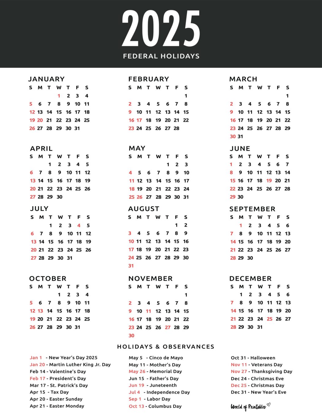 2025 Calendar With Holidays - Free Printables in 28 Unique Styles ...