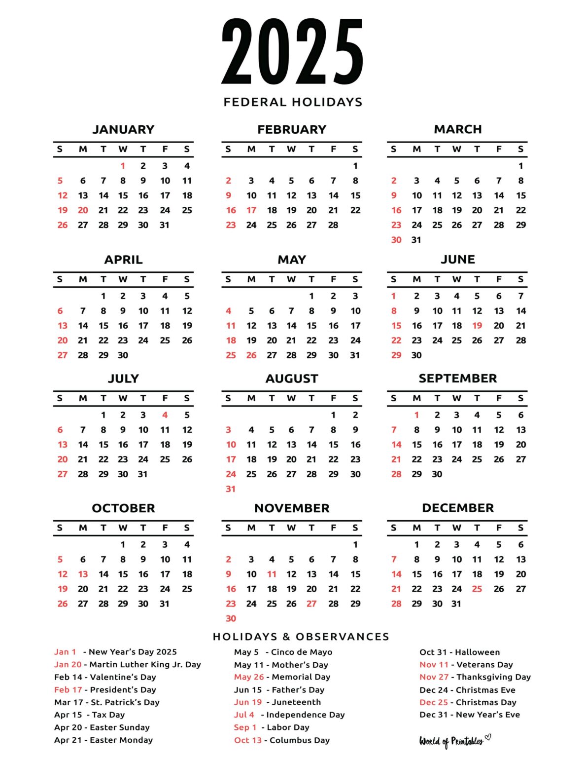 2025 Calendar With Holidays - Free Printables in 28 Unique Styles ...