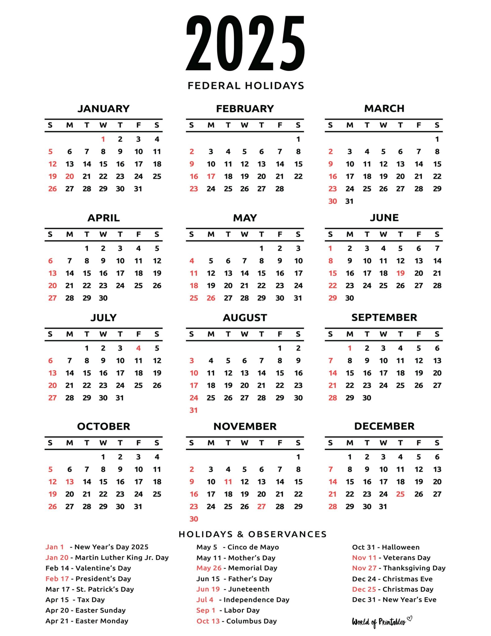 2025 Calendar With Holidays - Free Printables in 28 Unique Styles ...