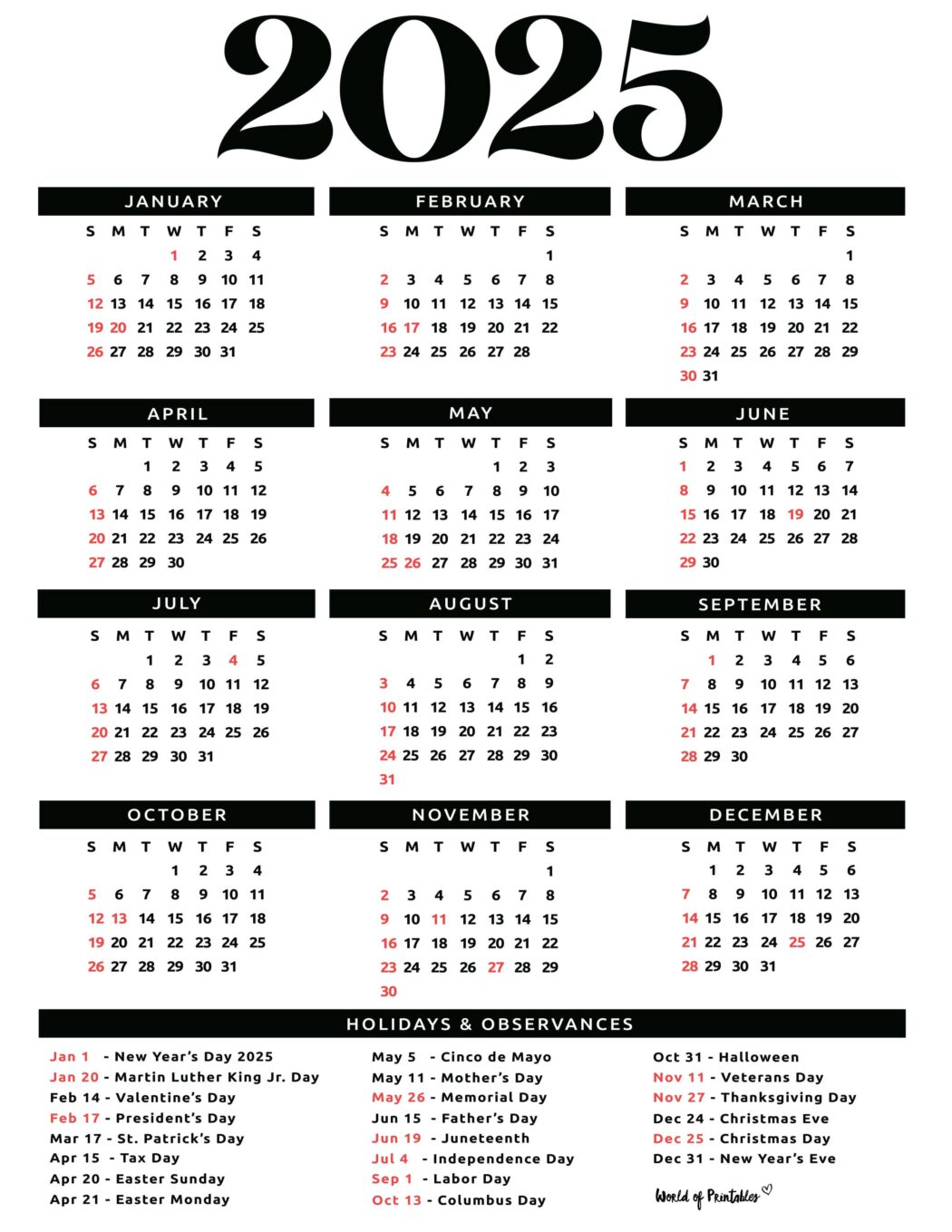 2025 Calendar With Holidays - Free Printables in 28 Unique Styles ...