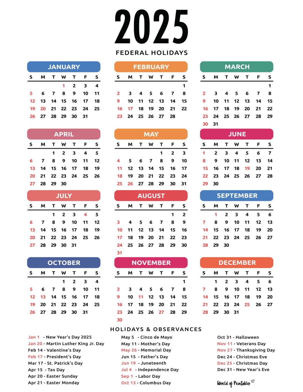 2025 Calendar With Holidays - Free Printables in 28 Unique Styles ...