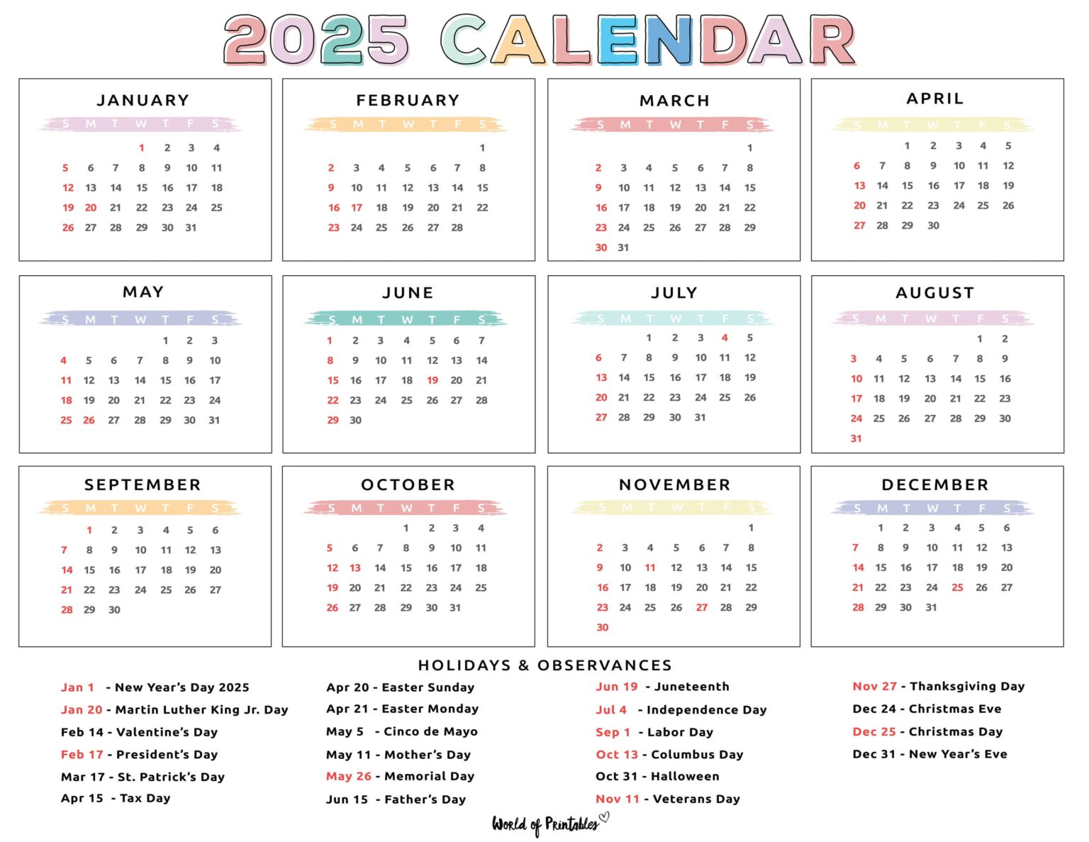 2025 Calendar With Holidays - Free Printables in 28 Unique Styles ...