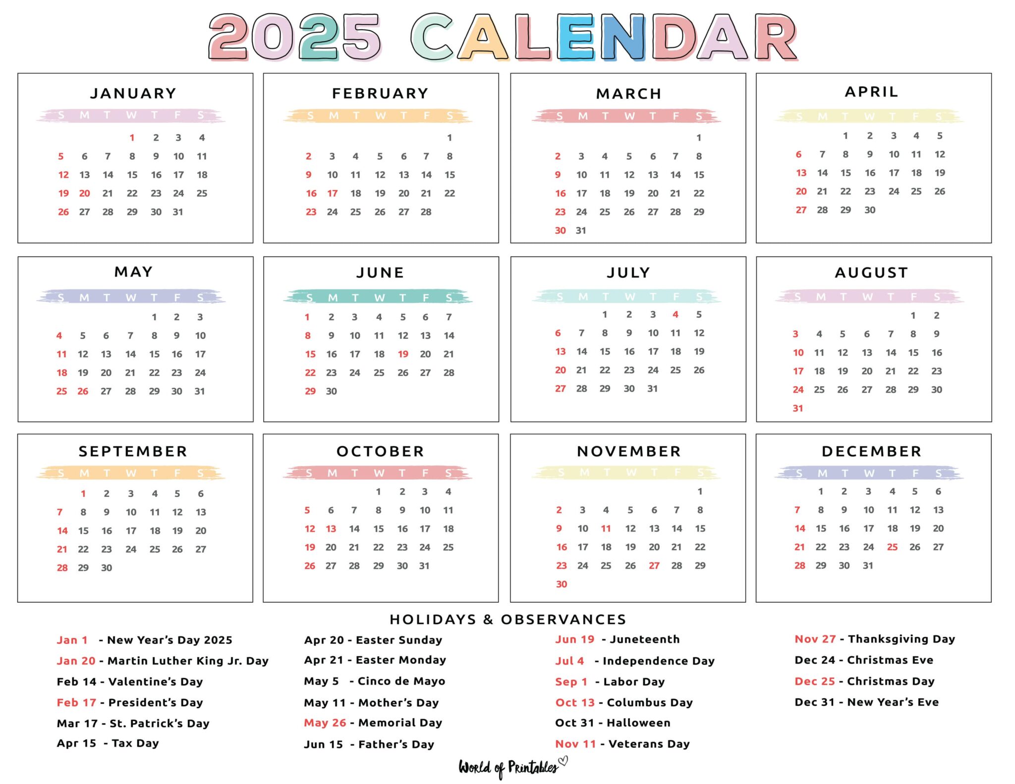 2025 Calendar With Holidays - Free Printables in 28 Unique Styles ...