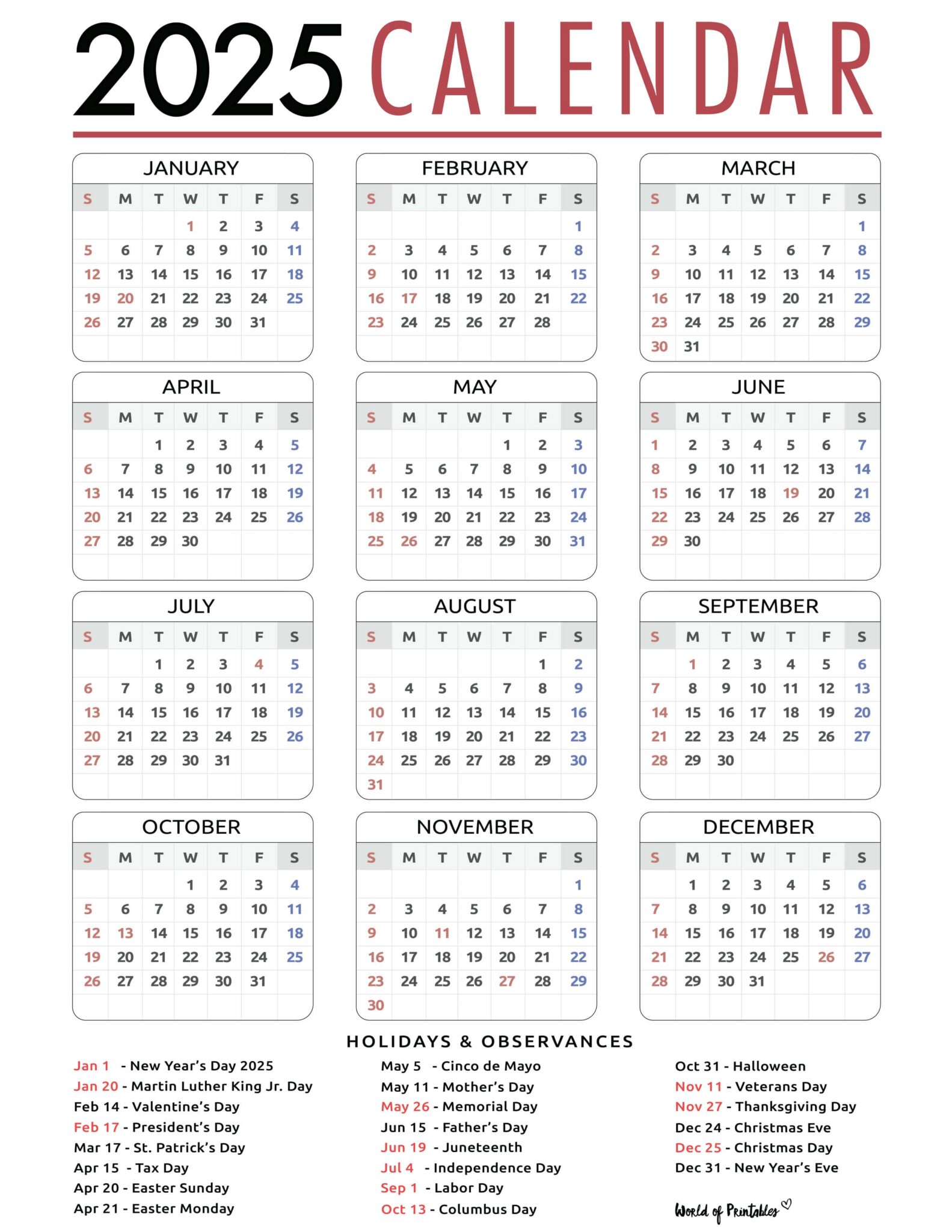 2025 Calendar With Holidays - Free Printables in 28 Unique Styles ...