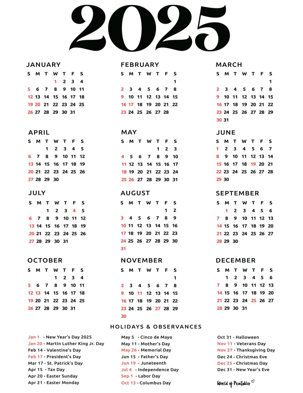 2025 Calendar With Holidays - Free Printables in 28 Unique Styles ...