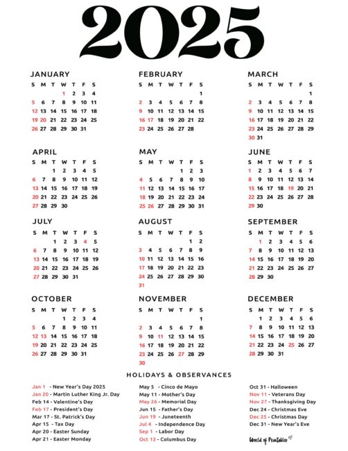 2025 Calendar With Holidays - Free Printables in 28 Unique Styles ...