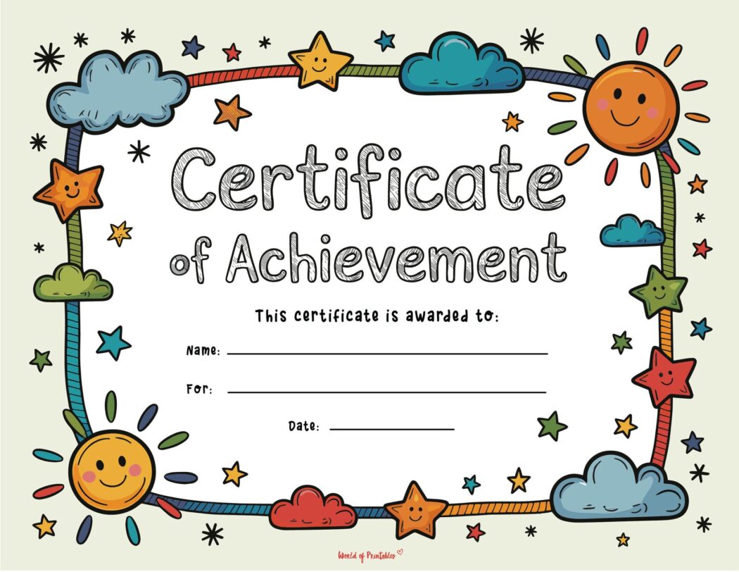 Free Printable Certificate of Achievement Templates for Kids - World of ...