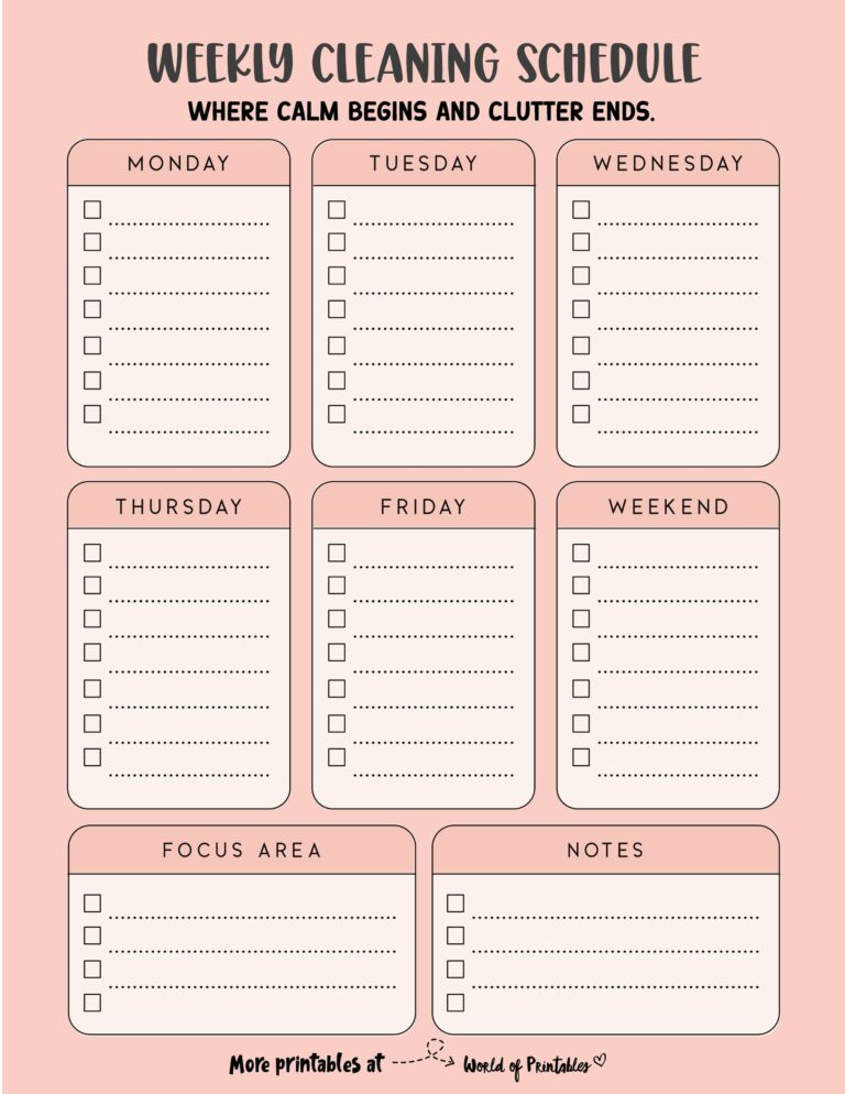 Weekly Cleaning Schedules - 150+ Free Printable Templates - World of ...