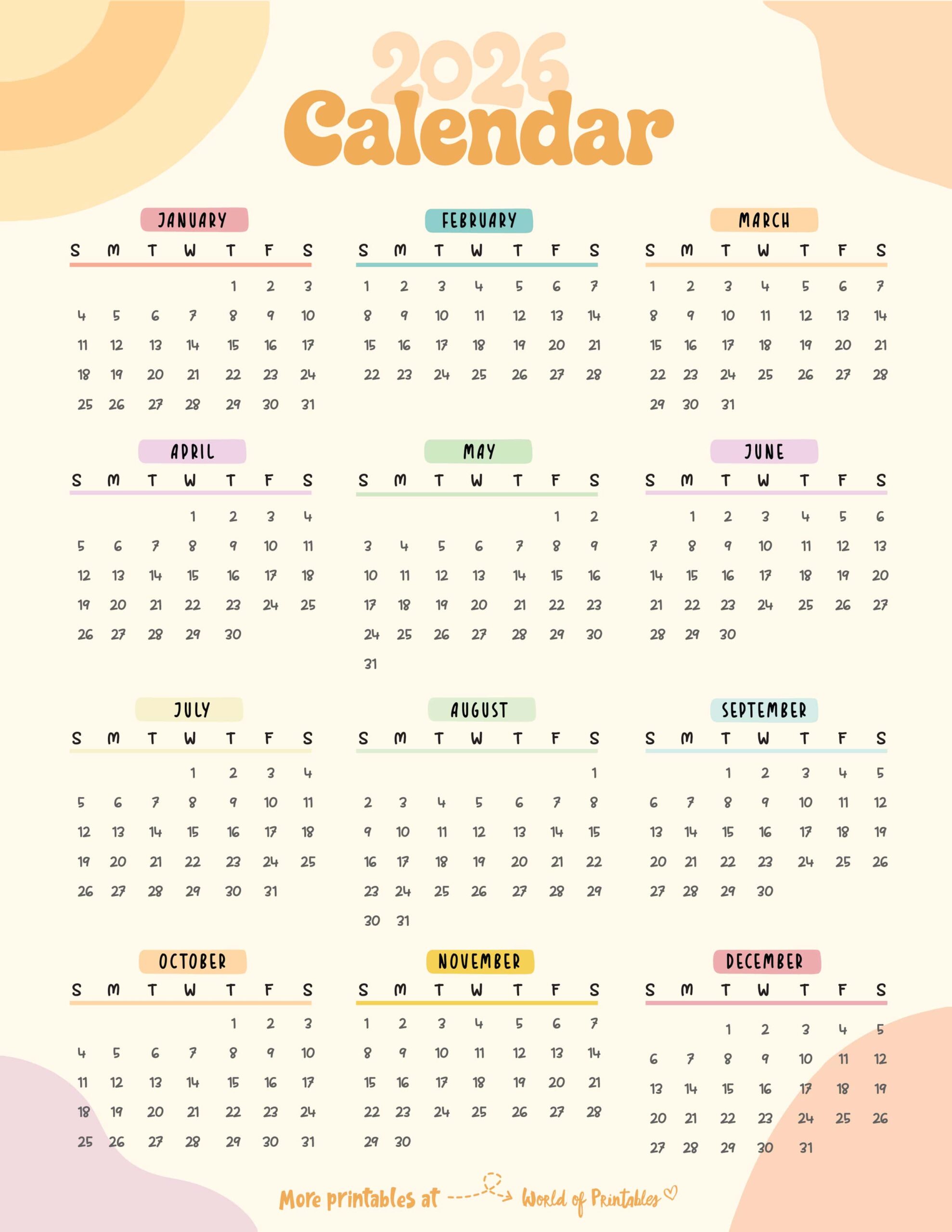 2026 Year Calendars - 160 Free Styles to Download - World of Printables