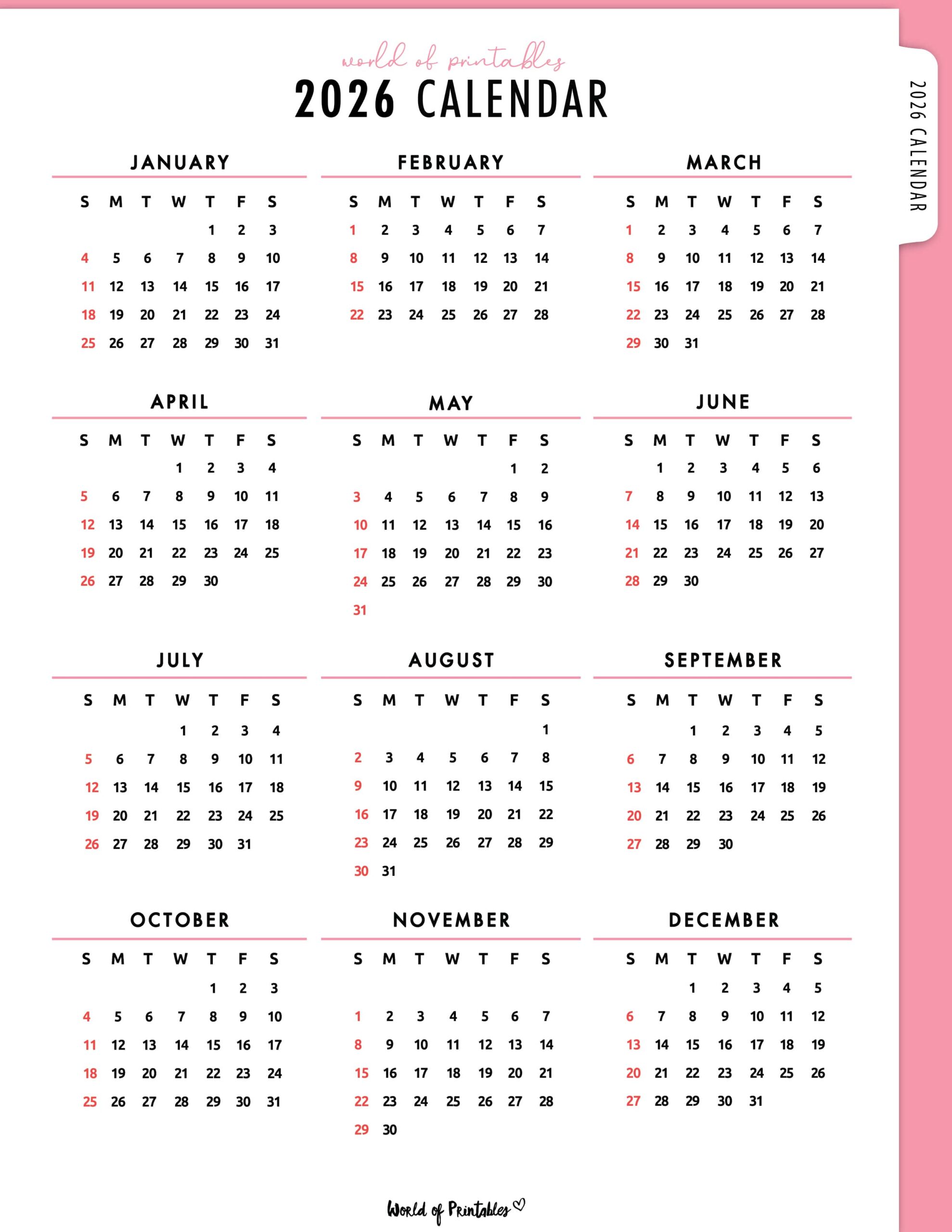 2026 Year Calendars - 160 Free Styles to Download - World of Printables