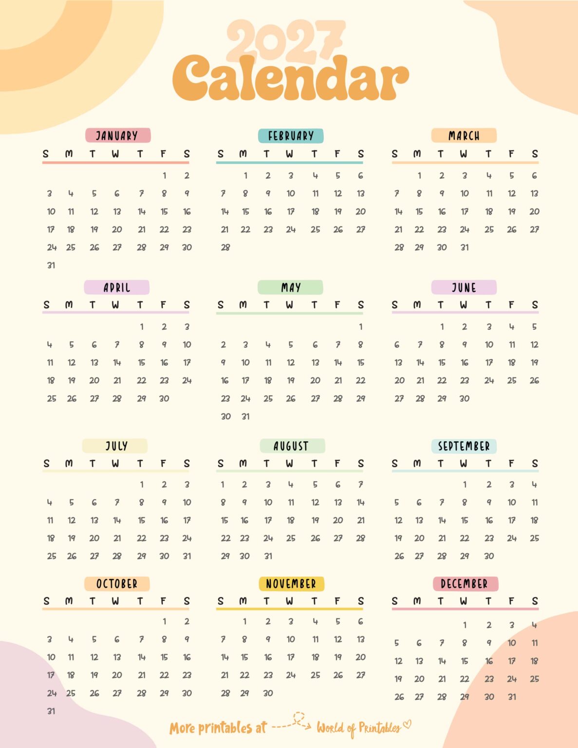 2027 Year Calendar Printables - 160 Free Styles to Download - World of ...