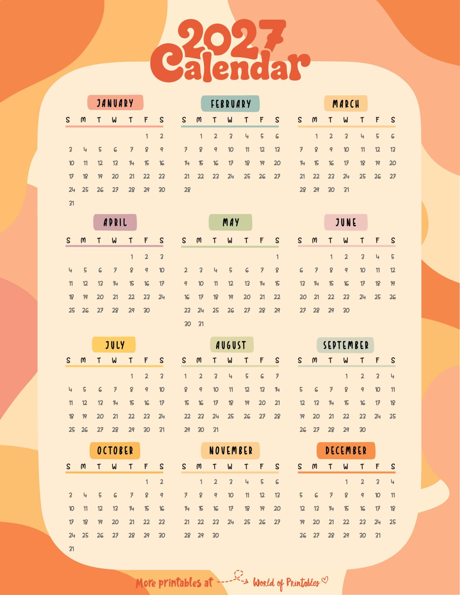 2027 Year Calendar Printables - 160 Free Styles to Download - World of ...