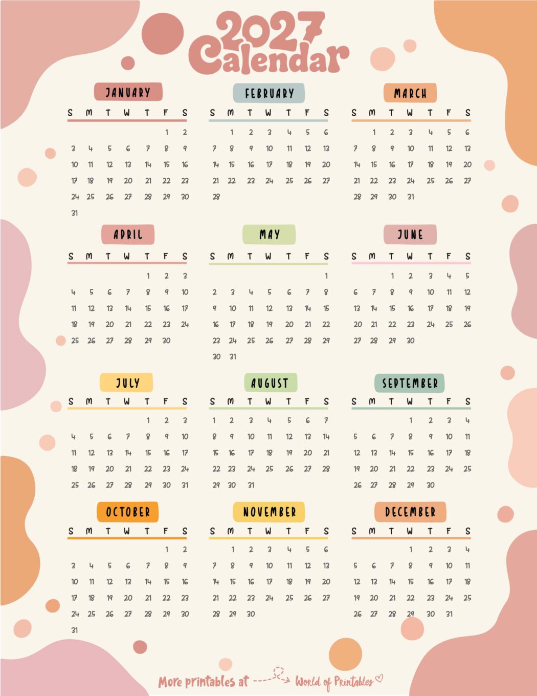 2027 Year Calendar Printables - 160 Free Styles to Download - World of ...