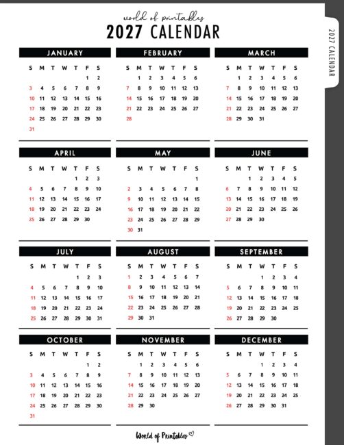 2027 Year Calendar Printables - 160 Free Styles to Download - World of ...