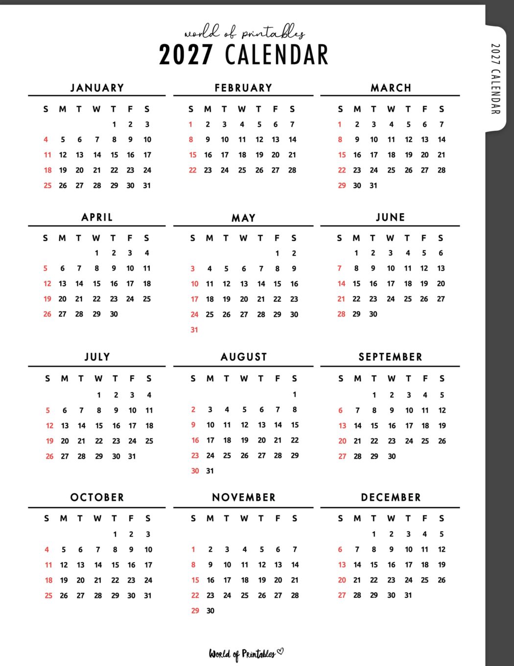 2027 Year Calendar Printables - 160 Free Styles to Download - World of ...