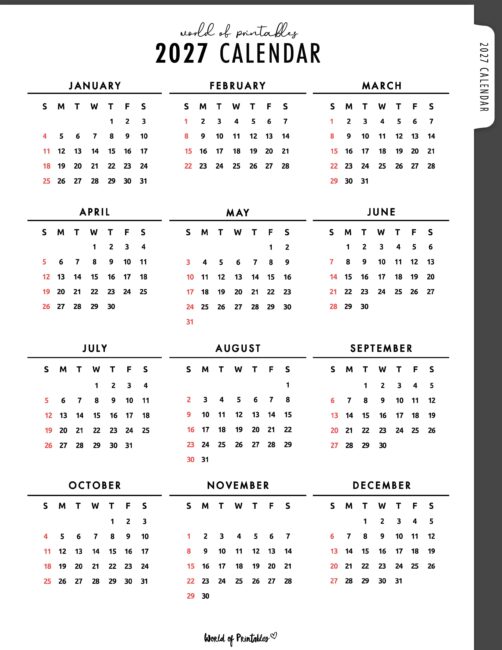 2027 Year Calendar Printables - 160 Free Styles to Download - World of ...